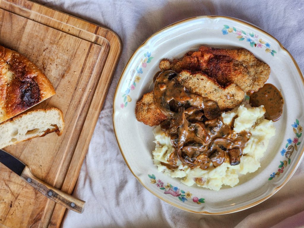Pork Schnitzel with Creamy Mushroom Sauce & German Yellow Potatoes ...